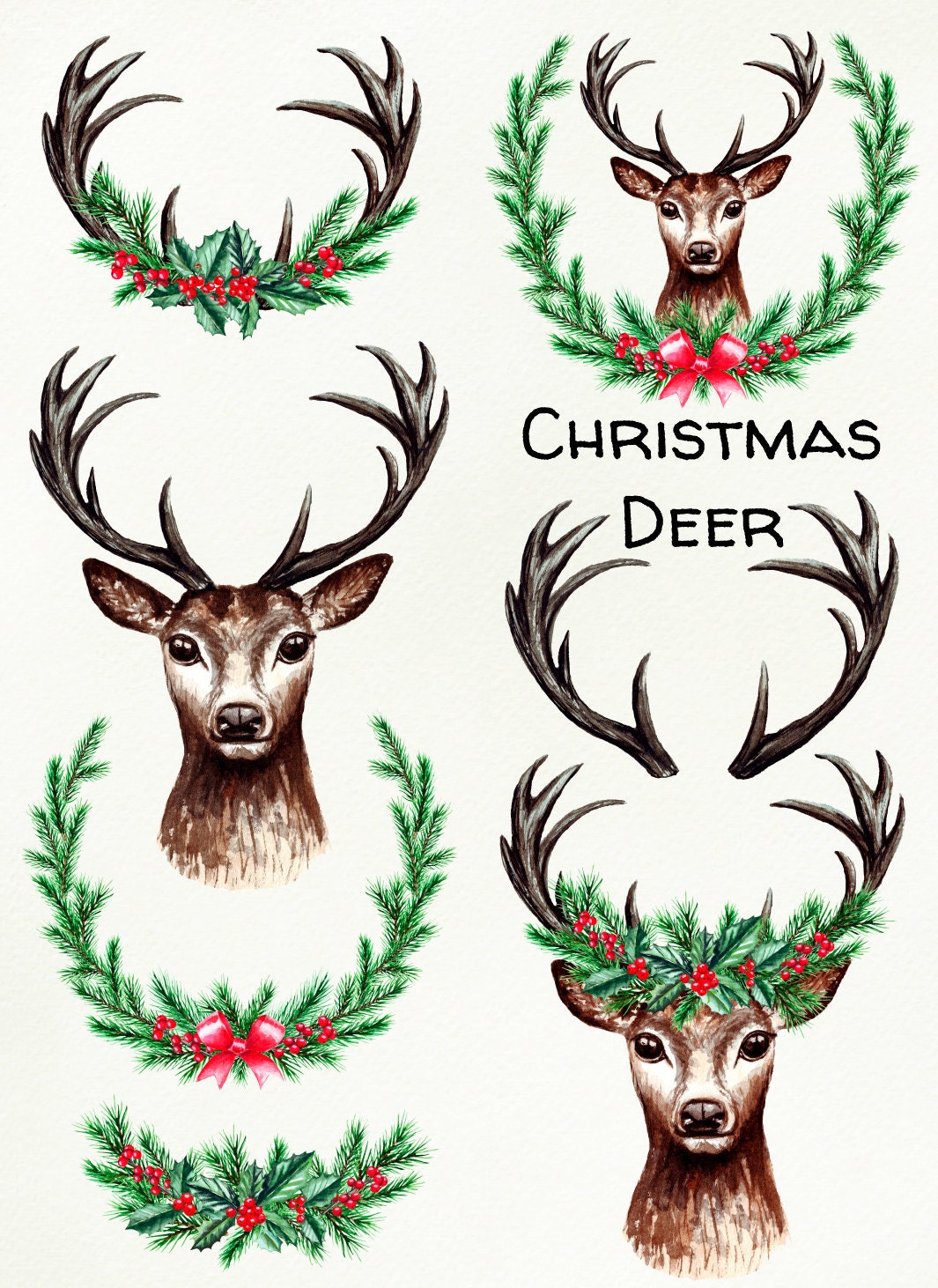 Christmas Deer Watercolor Clipart. Set of Hand Painted Deer Antlers and ...