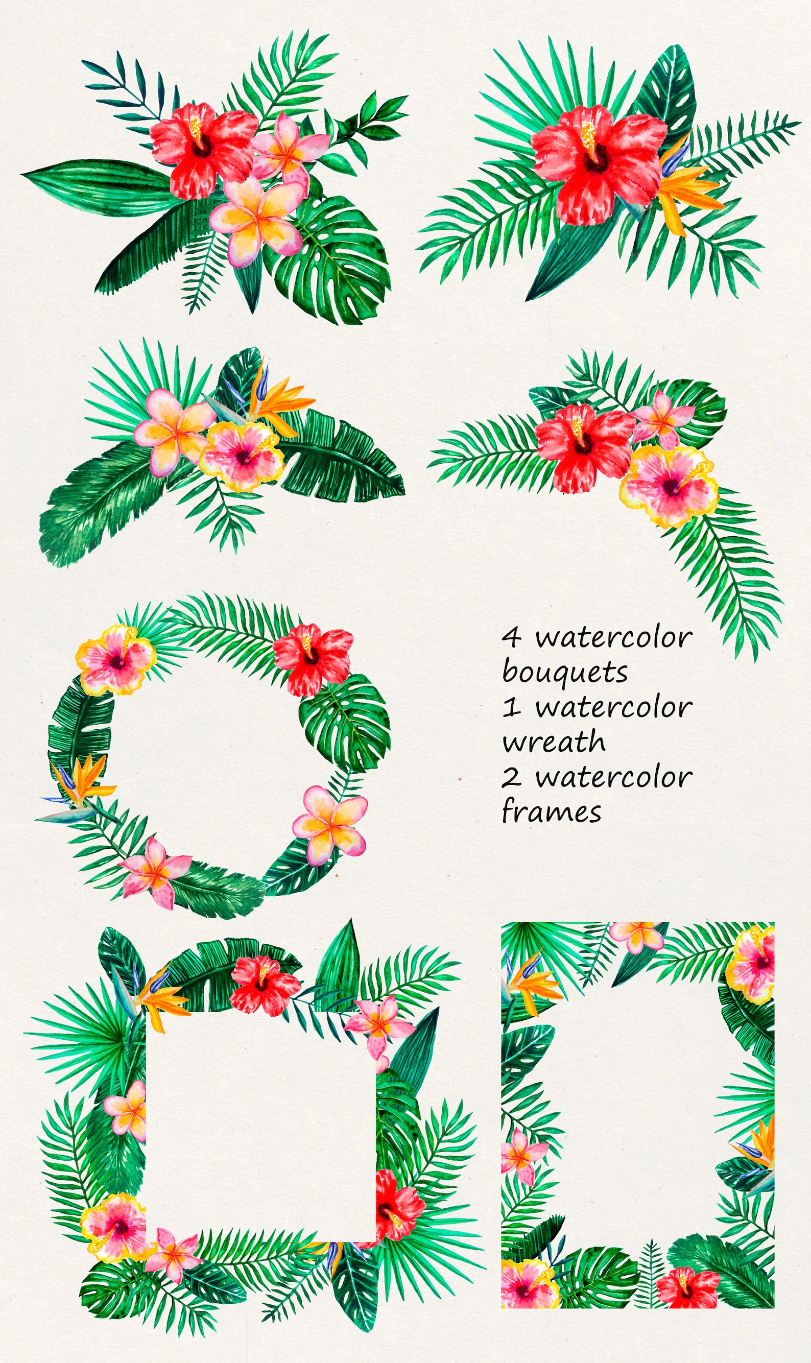 Watercolor Tropical Flowers Clipart. Frames, Bouquets Set for Instant ...