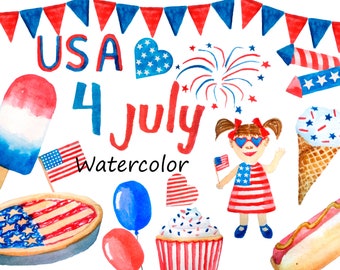 4th of July Watercolor Clipart Patriotic Clipart USA - Etsy