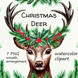 Christmas Deer Watercolor Clipart. Set of Hand Painted Deer Antlers and ...