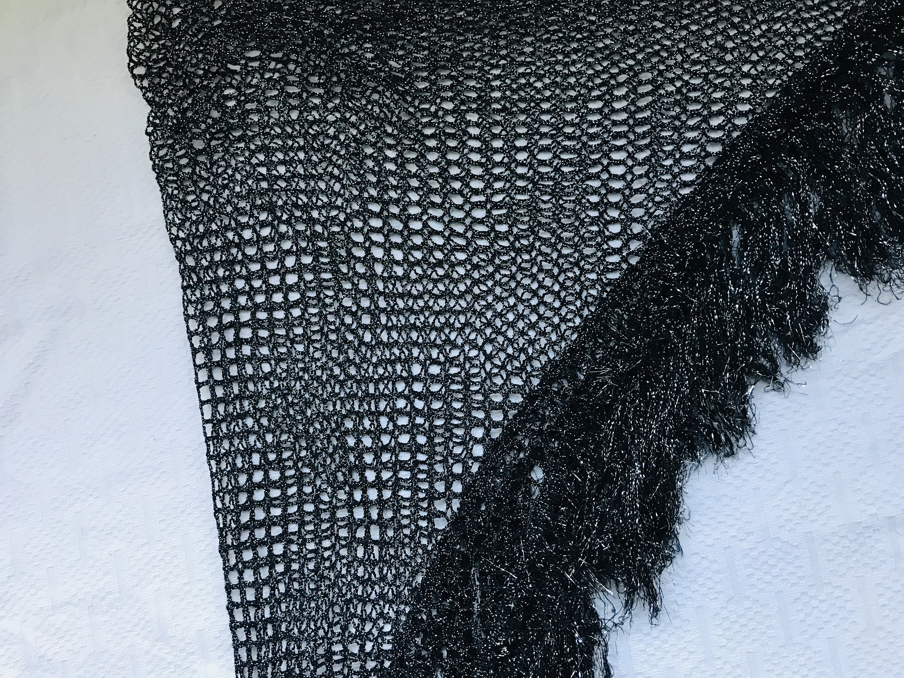 Vintage black net fringe lace shawl lurex silver thread Summer | Etsy
