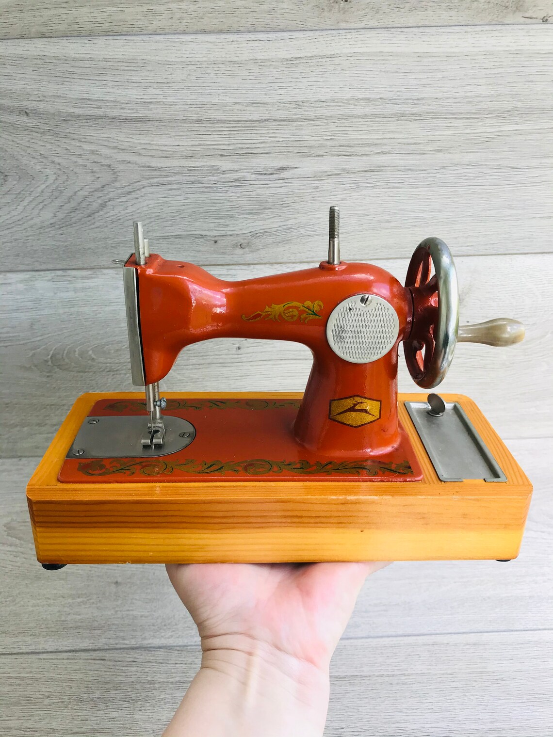 Vintage small manual children sewing machine Orange metal mini | Etsy