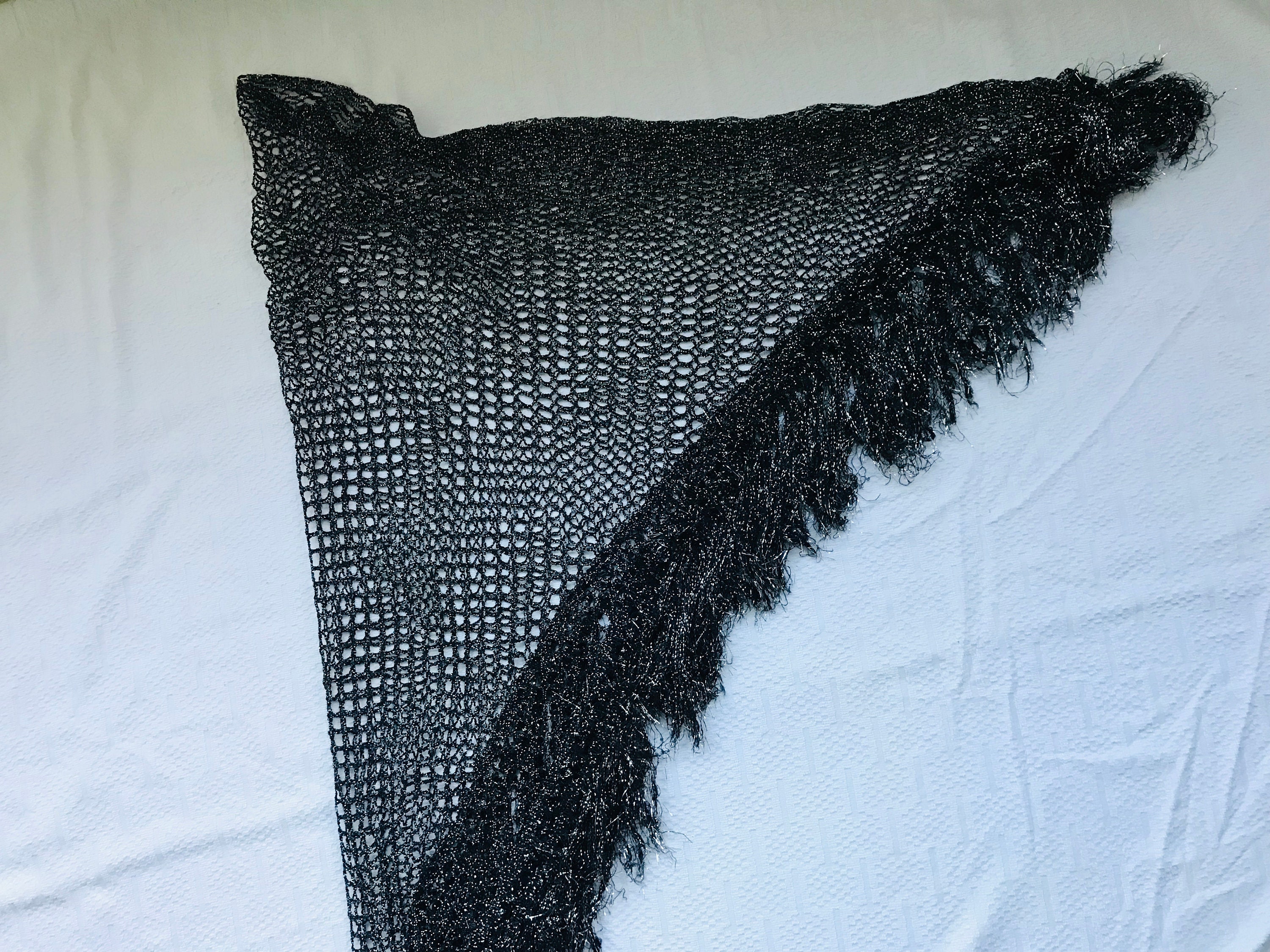 Vintage black net fringe lace shawl lurex silver thread Summer | Etsy