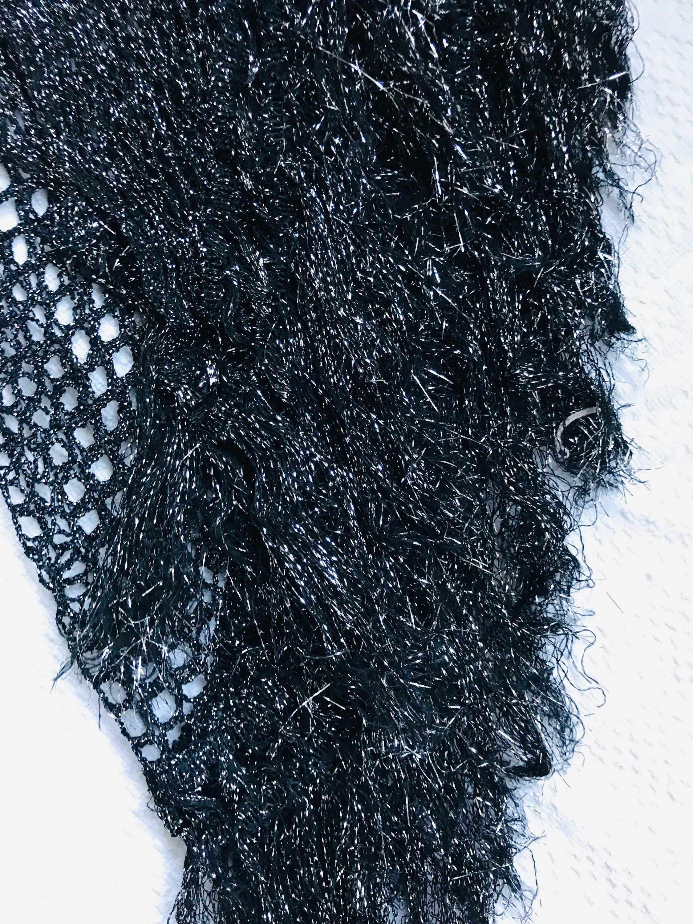 Vintage black net fringe lace shawl lurex silver thread Summer | Etsy
