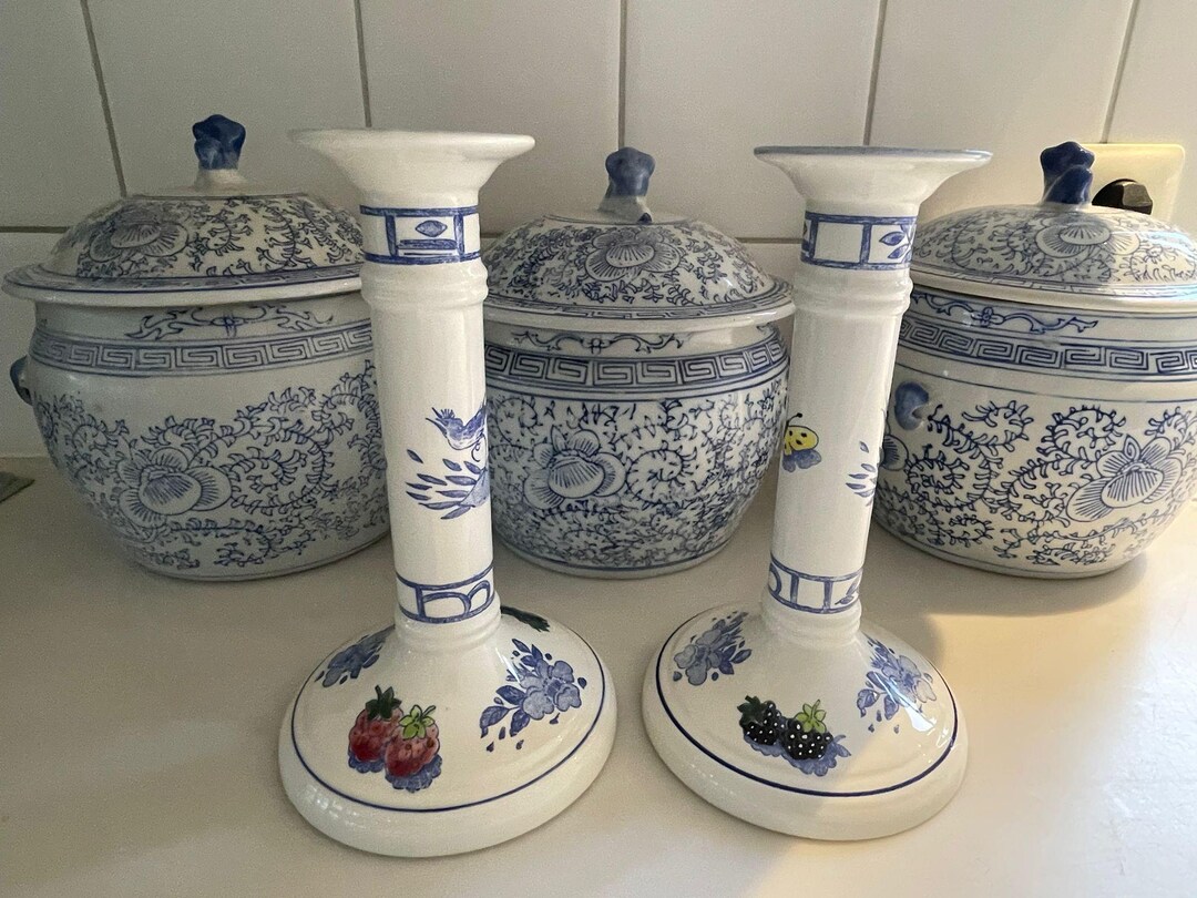 Vintage Gien France Candlesticks, Oiseau Bleu Fruit Design, Set of 2 - Etsy