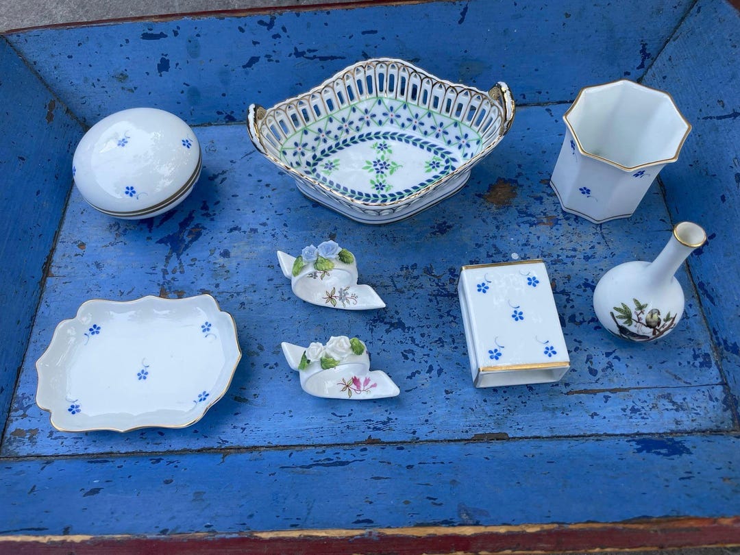 Herend Hungary Set of Eight Items, Vases, Bowl, Box, Basket ...