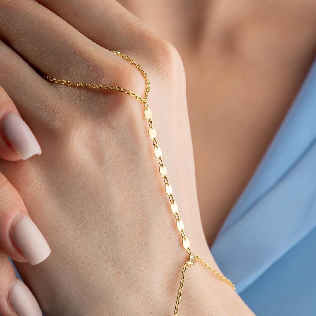 Gold Sequential Oval Hand Chain Bracelet, Sterling Silver Gold Plated ...