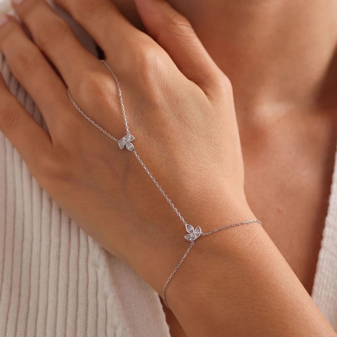 Silver Lotus Flower Hand Chain Bracelet, Sterling Silver Dainty Hand ...