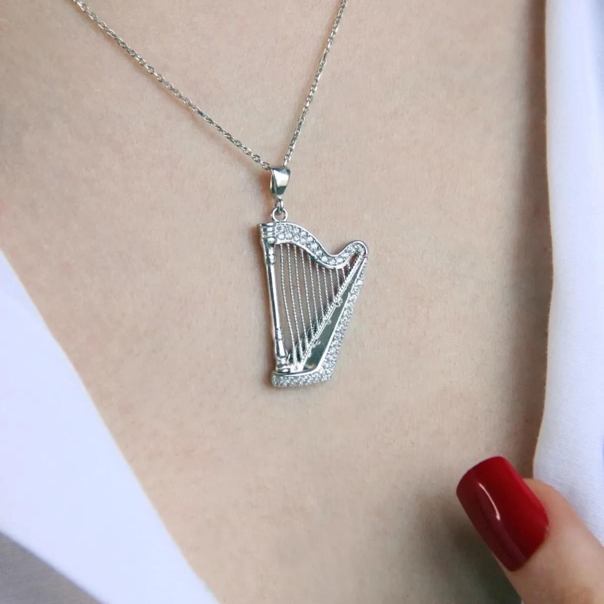 Silver Harp Necklace, Harp Pendant, Gift for Her, 925 Sterling Silver ...