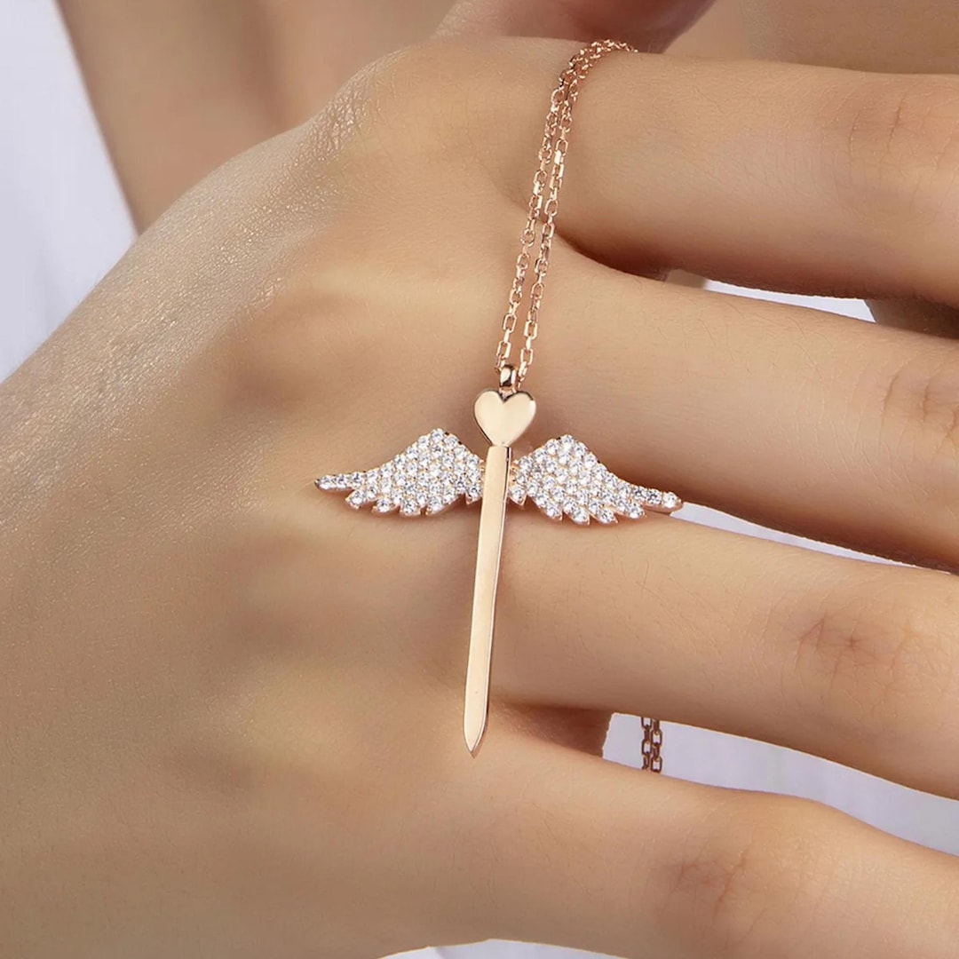 Angel Wing Sword Necklace With Heart, Sterling Silver Sword Pendant ...