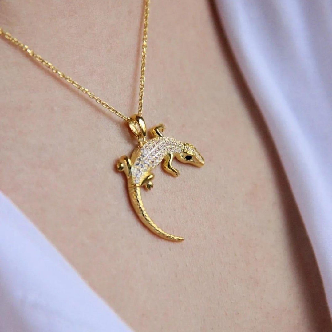 Gold Crocodile Necklace, Gift for Her, Crocodile Pendant, 925 Sterling ...