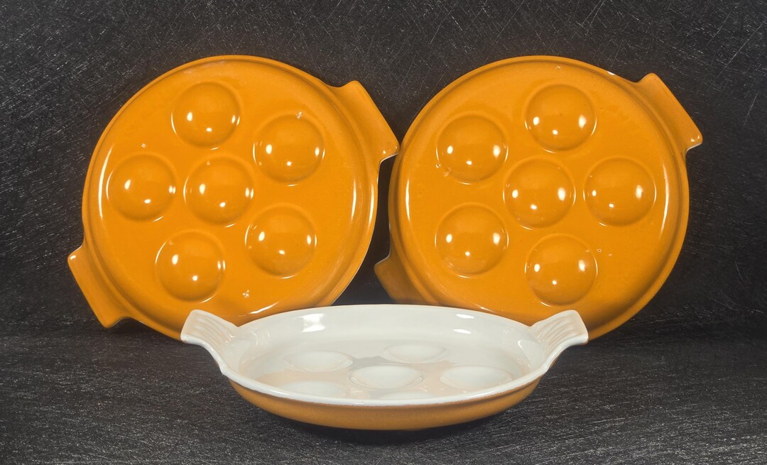 3 Vintage Le Creuset Enamel Cast Iron Escargot Baking Dishes Pans ...
