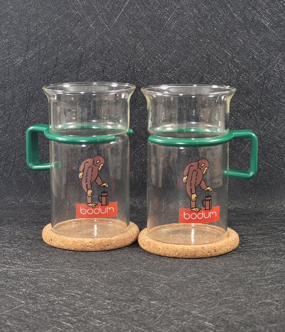 Set of 2 Tall Retro Vintage Bodum Bistro Glass Cups Mugs Monkey Design ...