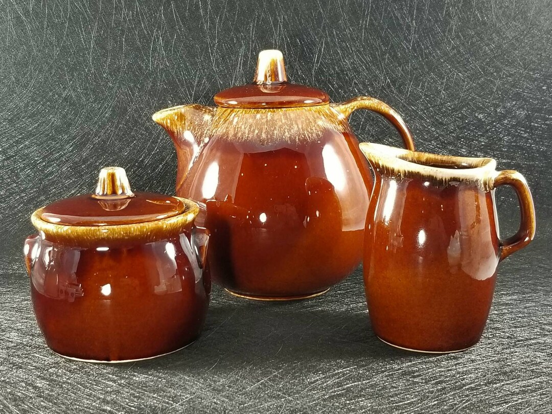 Vintage Hull Pottery Ohio USA Brown Drip Teapot Creamer and Sugar Bowl ...