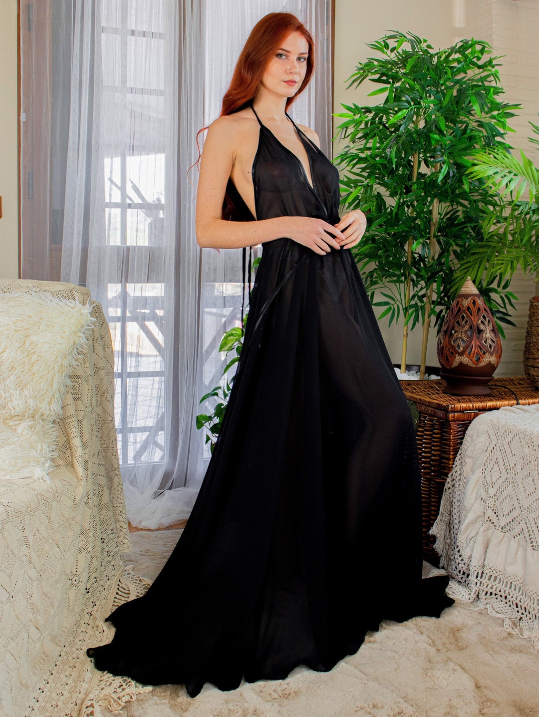 Black Chiffon Nightgown, Chiffon Backless Nightgown, Black Wedding ...