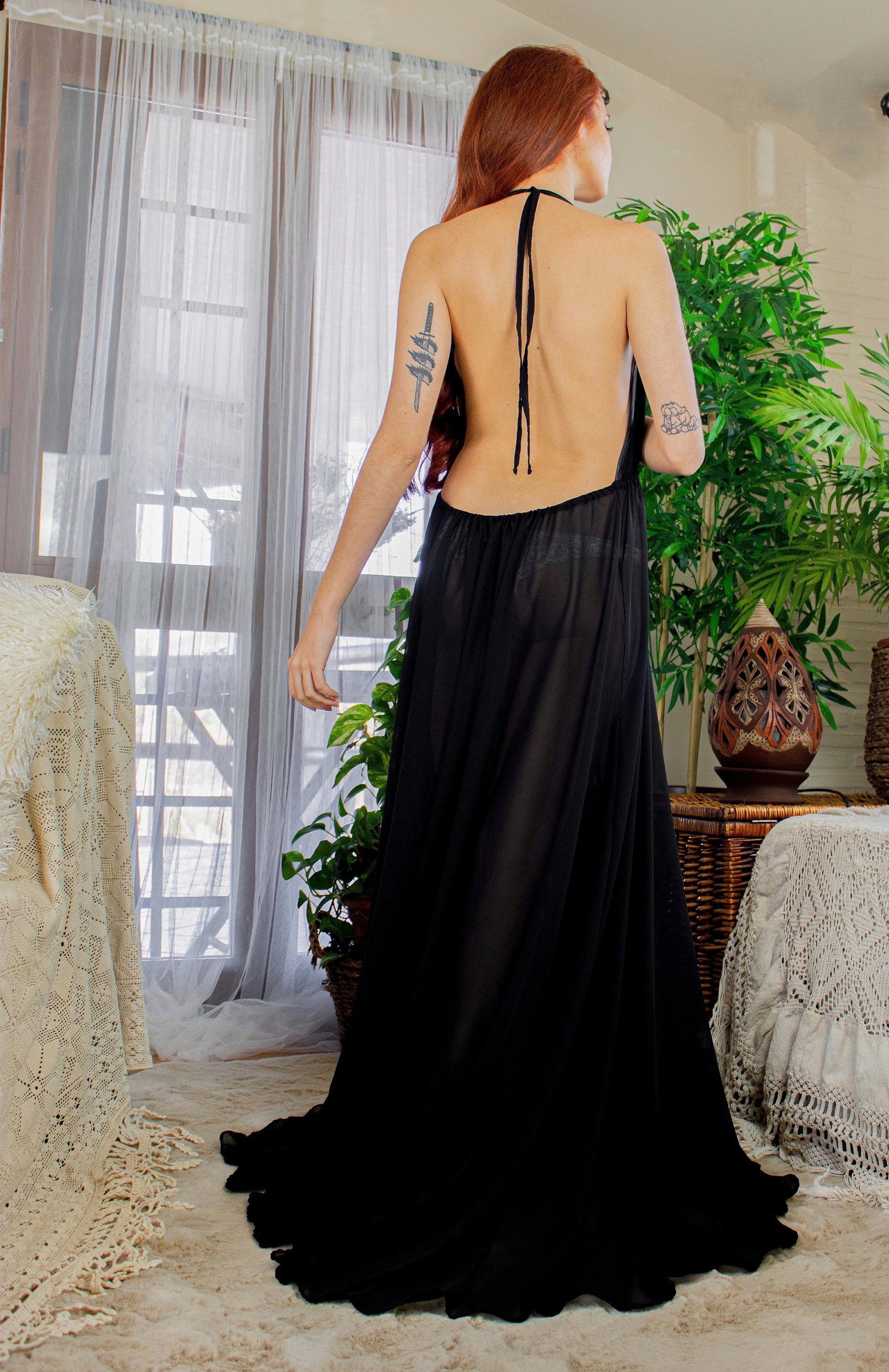 Black Chiffon Nightgown Chiffon Backless Nightgown Black | Etsy