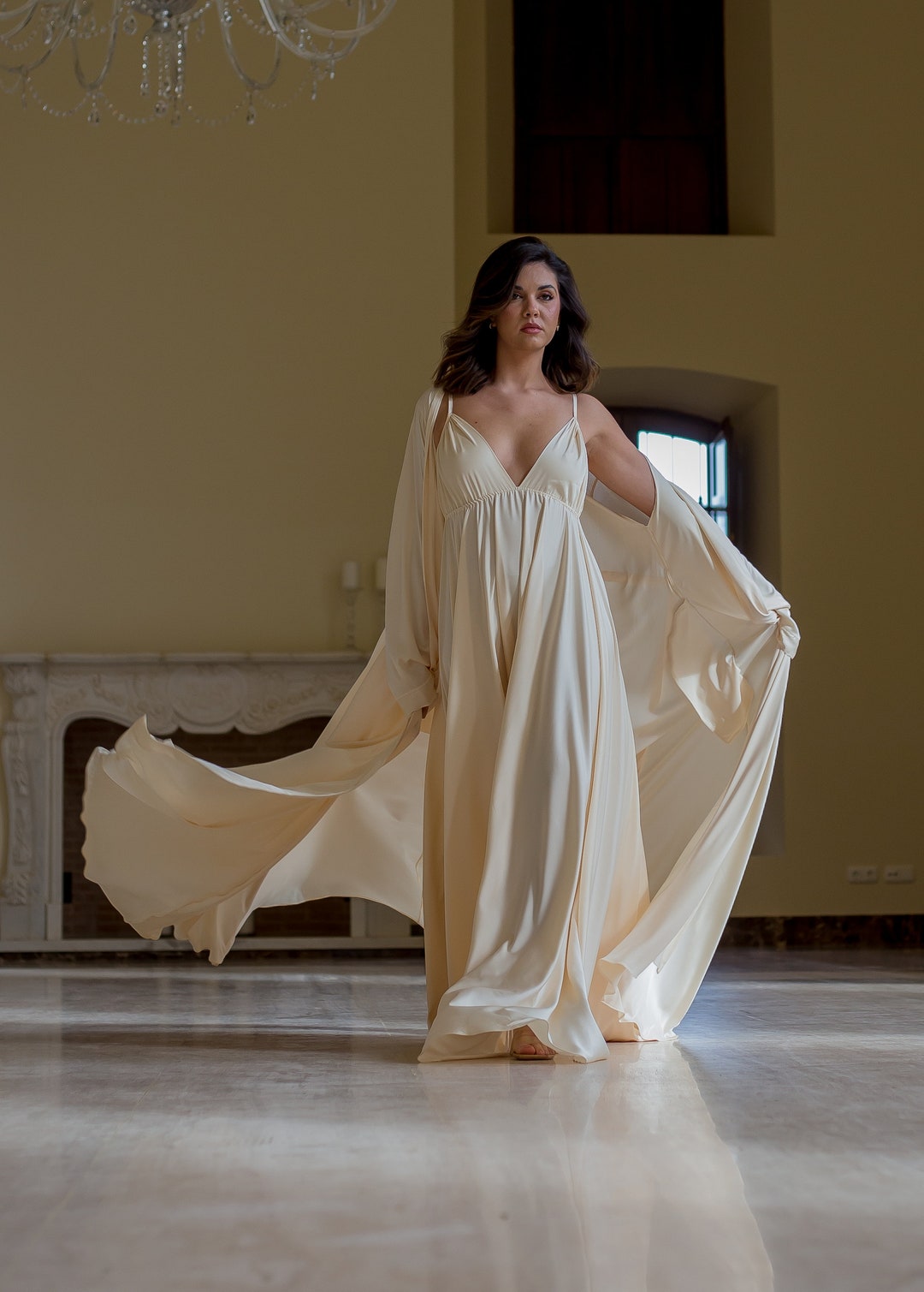 Bridal Lingerie, Long Ivory Satin Robe, Wedding Sleepwear, Honeymoon ...