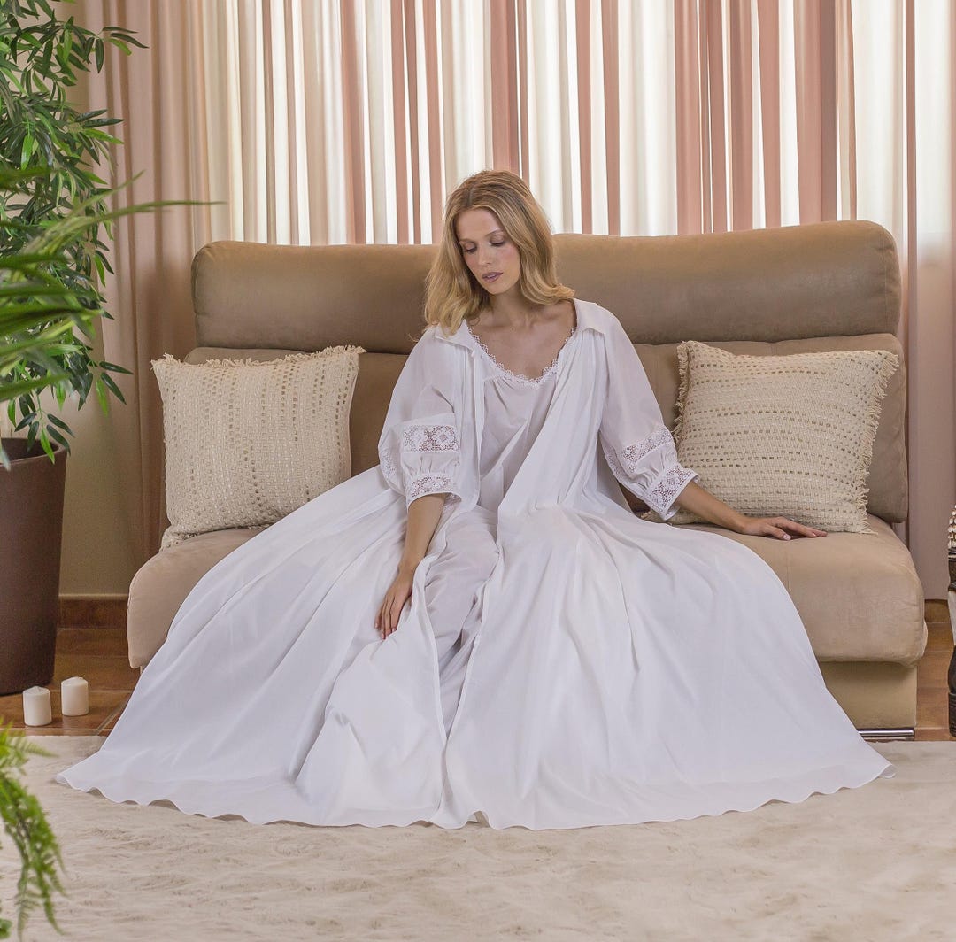 Cotton Robe, Long Cotton Robe, White Cotton Lingerie, Romantic Cotton ...