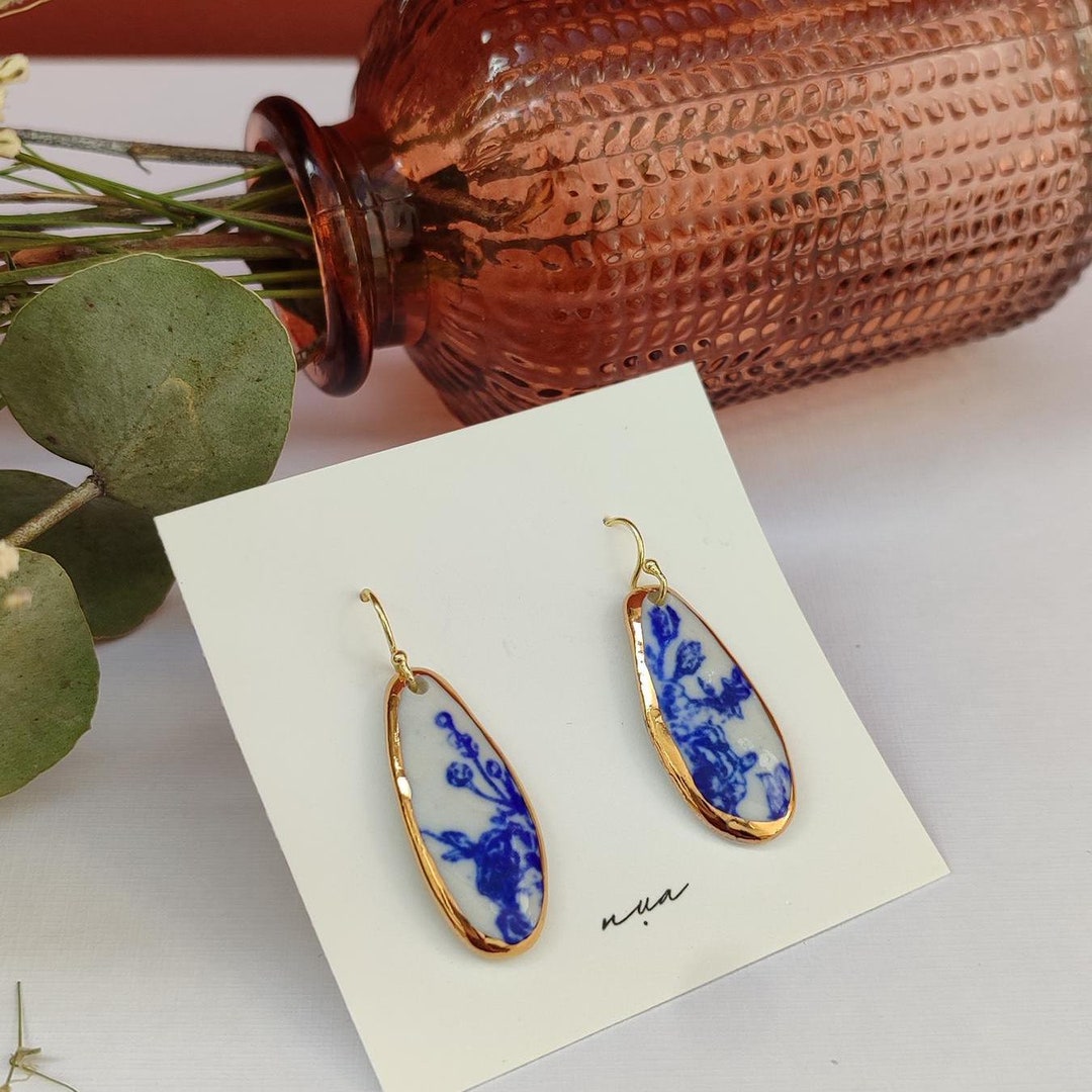 Vintage Blue Porcelain Delft Hook Earrings, Floral Teardrop Jewelry - Etsy