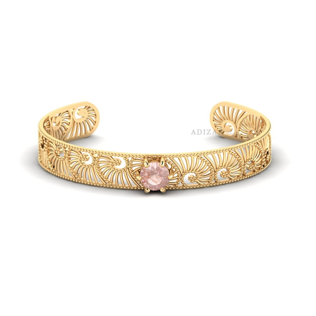 Morganite Gemstone Bangle, Wave Jali Pattern Gold Finish Adjustable ...