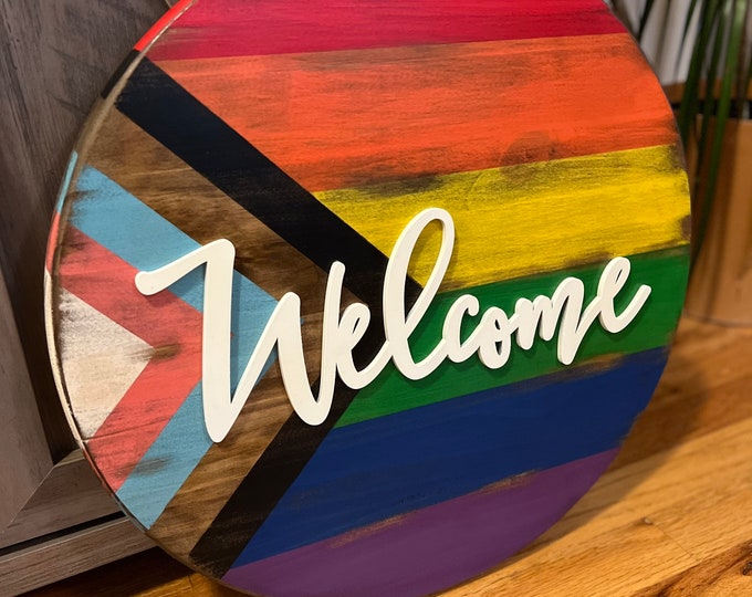 New Listing! Progress Flag Welcome Sign With White Wood Lettering ...