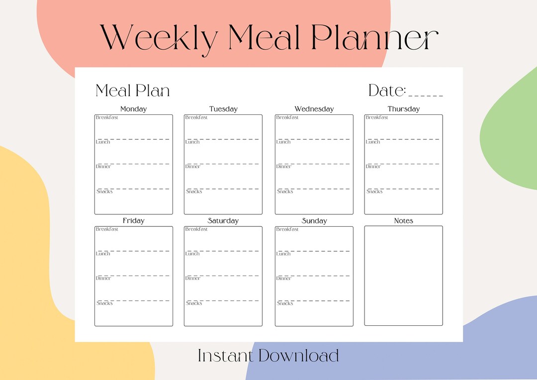 Weekly Meal Planner Landscape Simple Meal Plan Sunday & Monday Start A4 ...