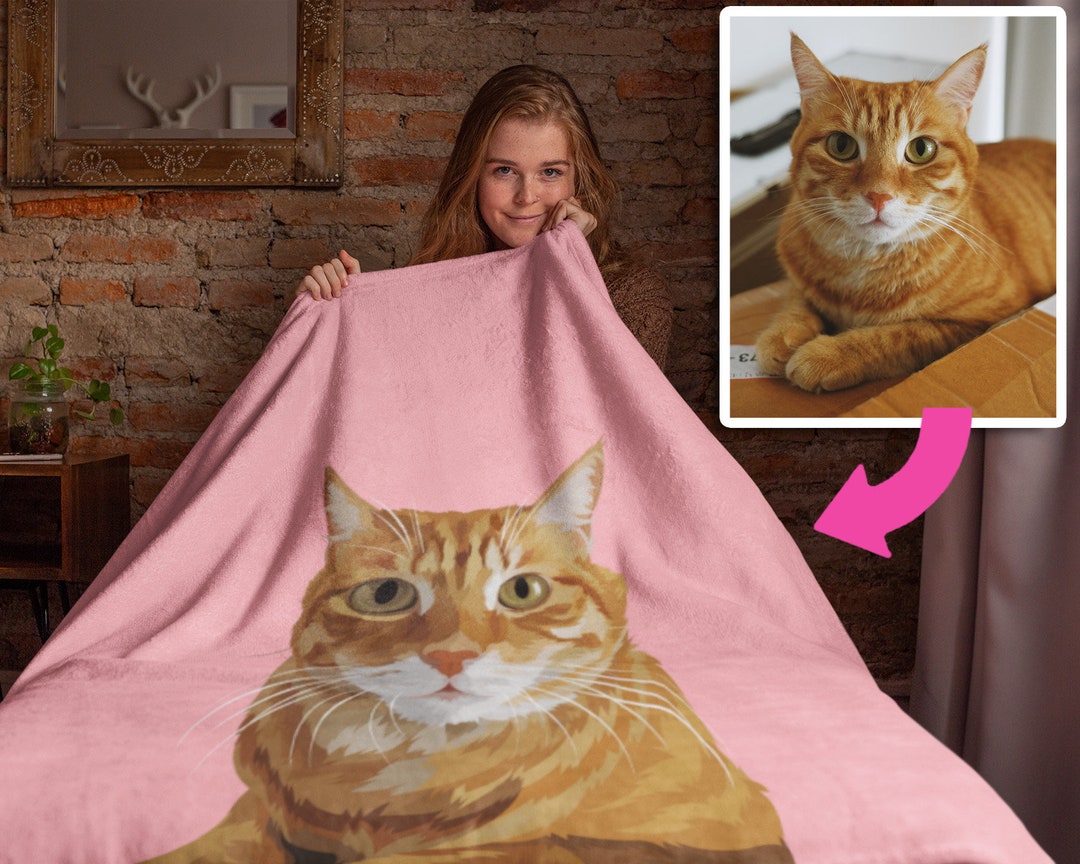 Your Cat on A Blanket, Personalized Pet Portrait Art Blanket Gift, Pet ...