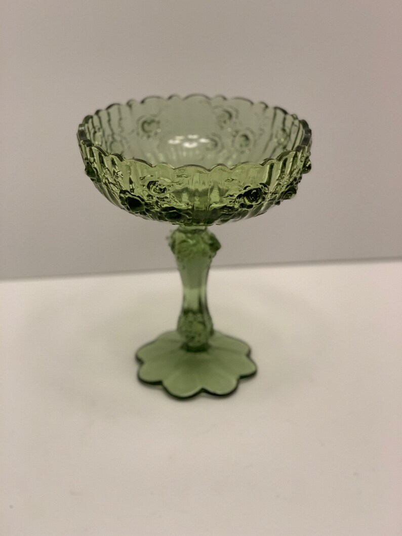 Vintage Fenton Green Embossed Cabbage Roses Pedestal Compote Bowl ...
