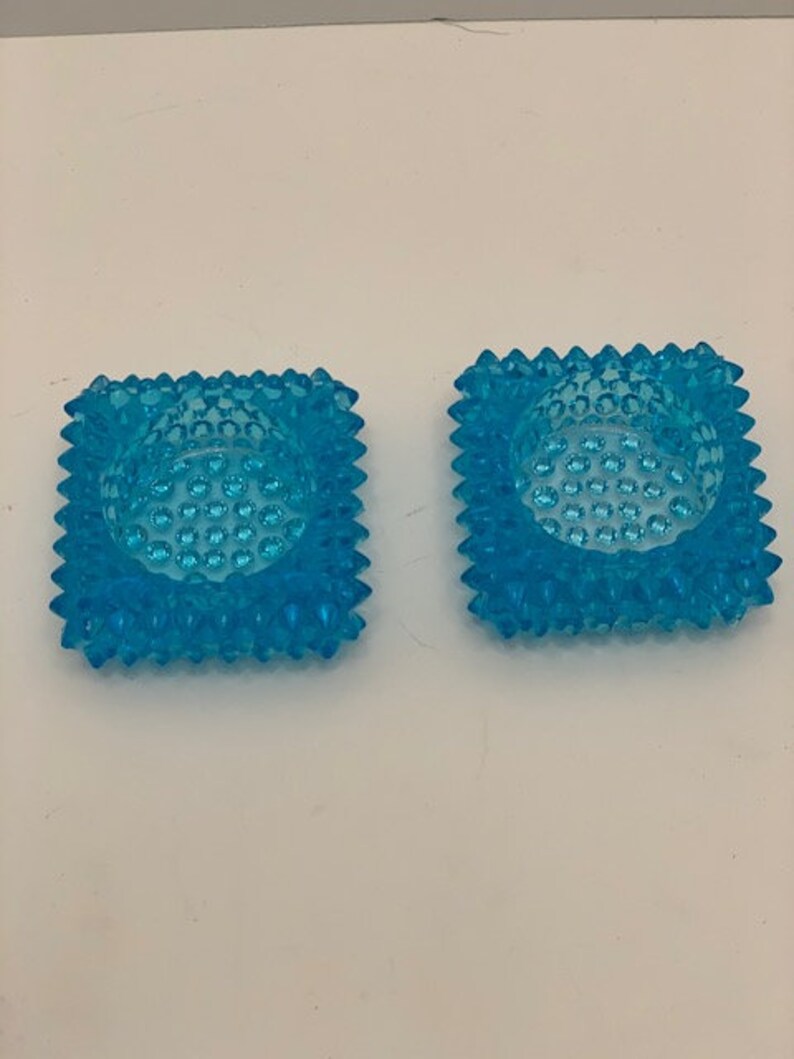Vintage Pair Fenton Glass Blenko Blue Hobnail Open Salt or Candle ...