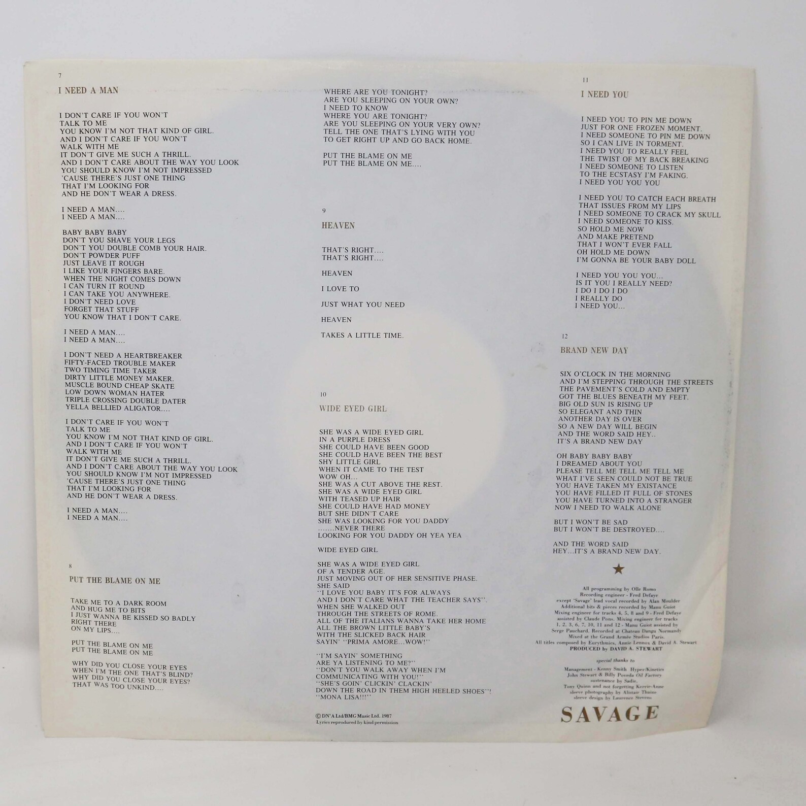 Vintage 1987 80s RCA Records Eurythmics - Savage UK & Europe 12" LP ...