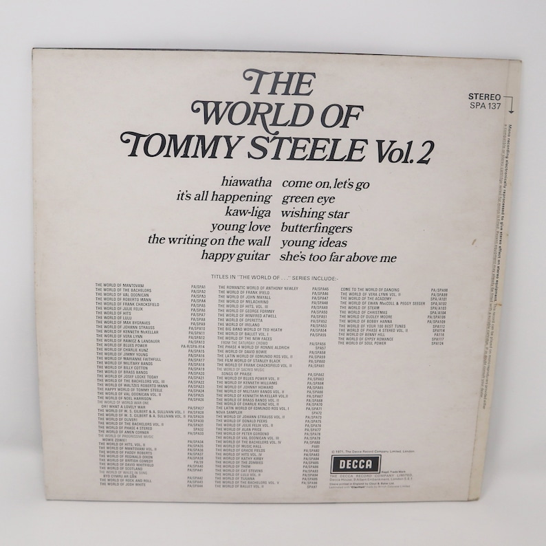 Vintage 1971 70s Decca Tommy Steele - the World of Tommy Steele Vol. 2 ...