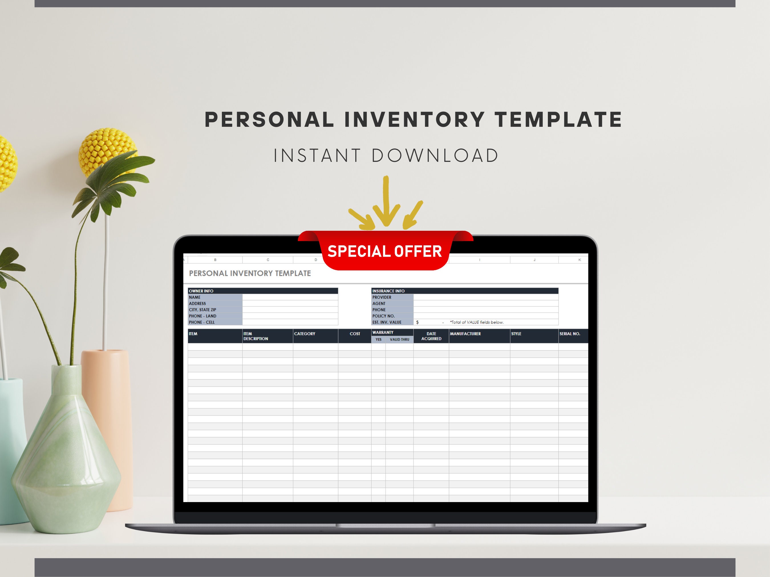 PERSONAL INVENTORY TEMPLATE - Digital Download Excel Personal Inventory ...