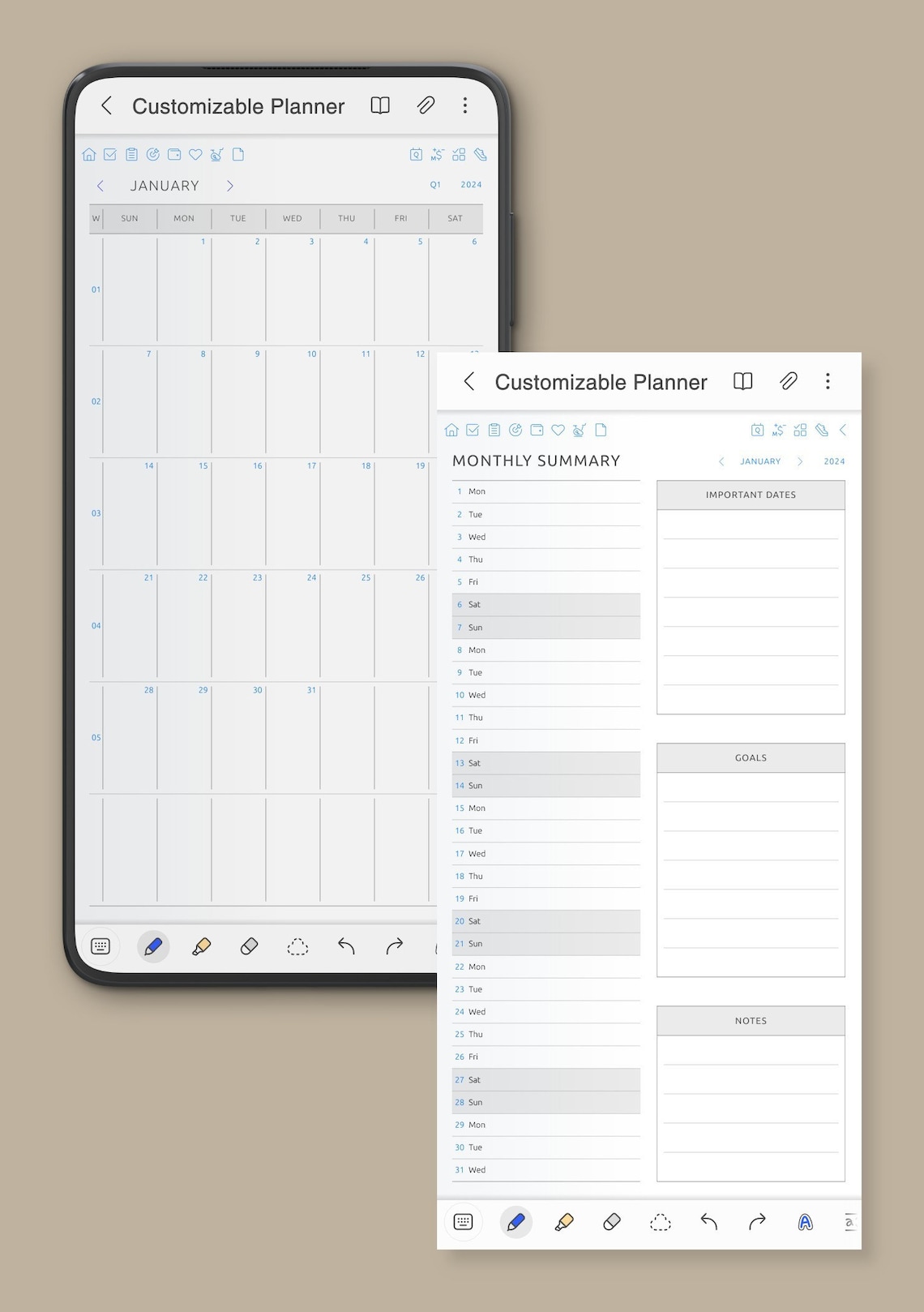 Samsung / Android / iPhone Digital Planner, Phone Calendar Organizer ...