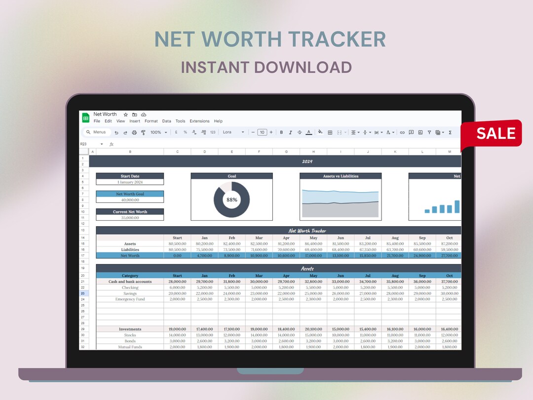 Net Worth Tracker Spreadsheet Template Google Sheets Excel Annual Net ...