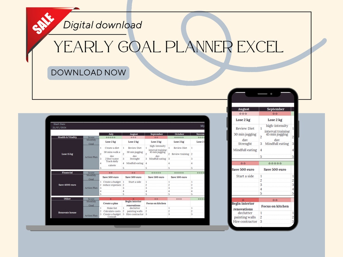 Yearly Goal Planner Excel - Google Sheets, Goal Tracker Spreadsheet ...