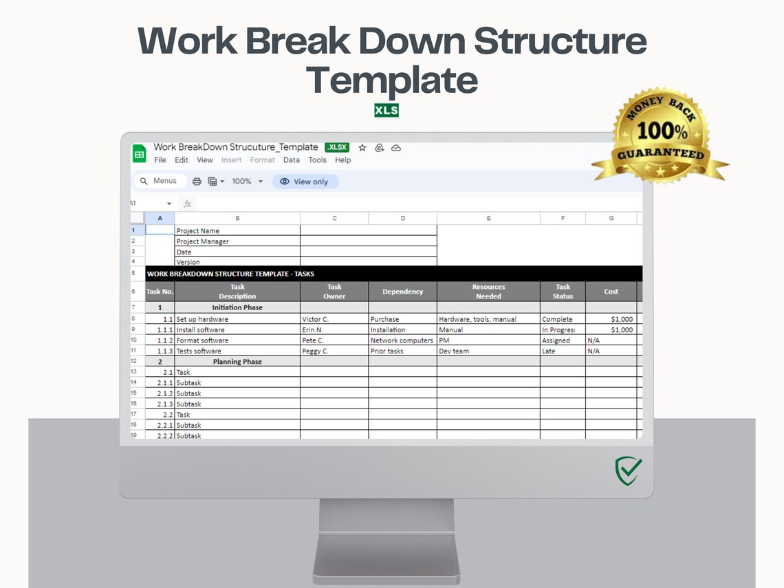 Work Breakdown Structure, Project Management Template, Project Planner ...