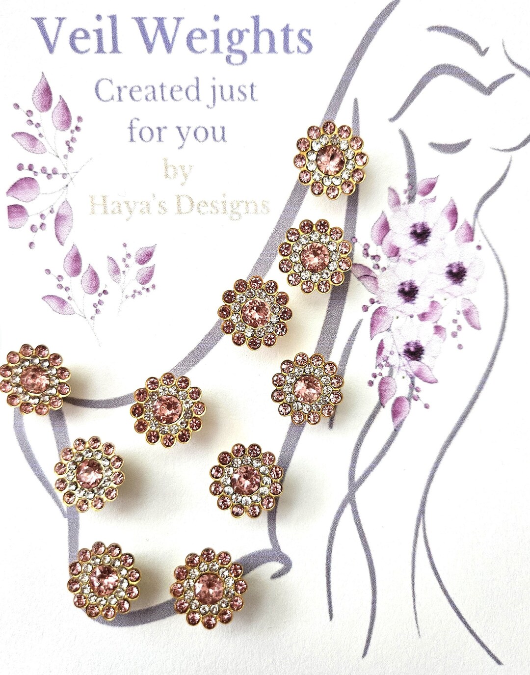 Veil Weights, Pink & Crystal Flower Veil Weights, Bridal, Elegant ...