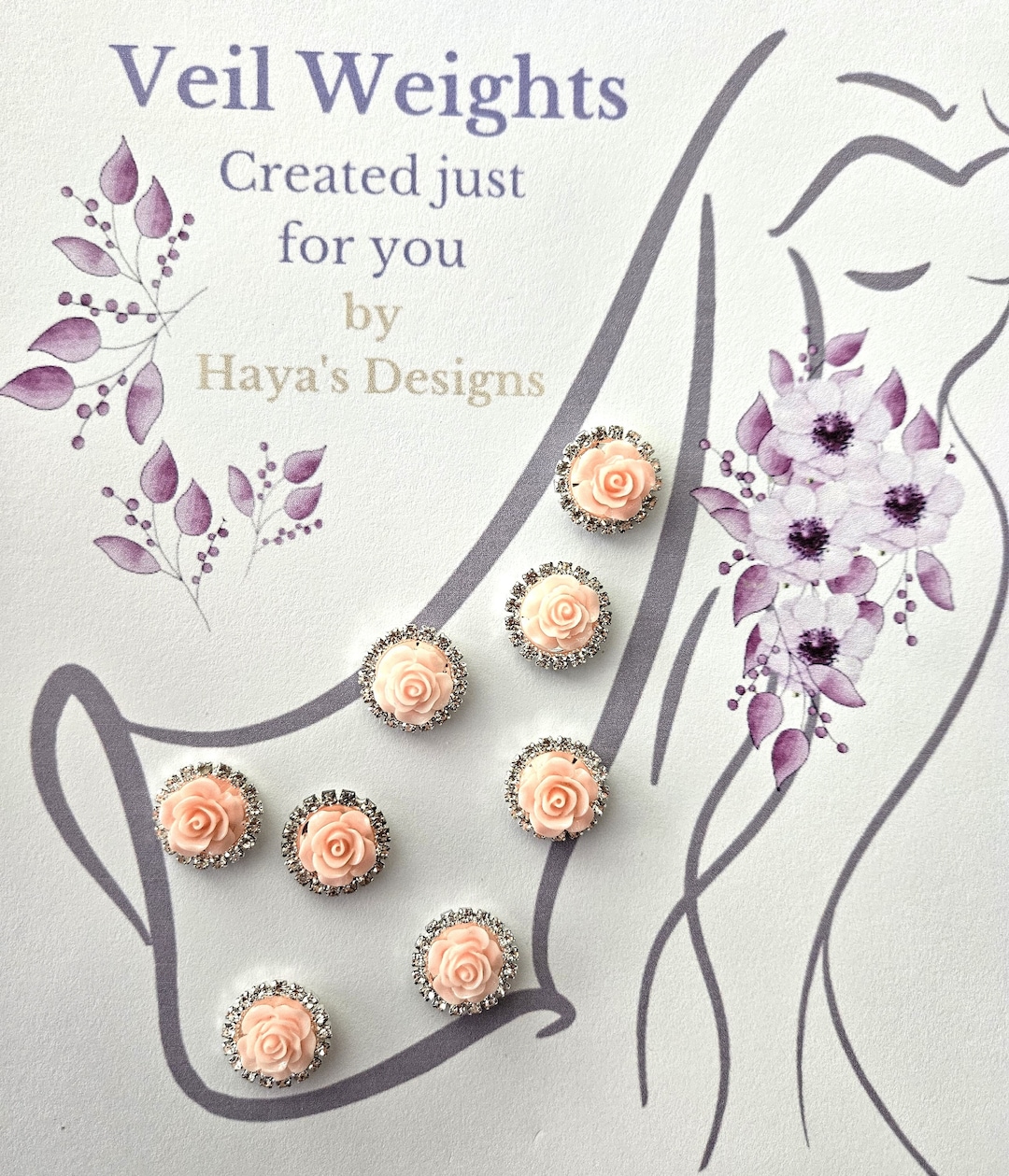 Veil Weights, Pink Rose & Crystals Wedding Veil Weights, Bridal ...