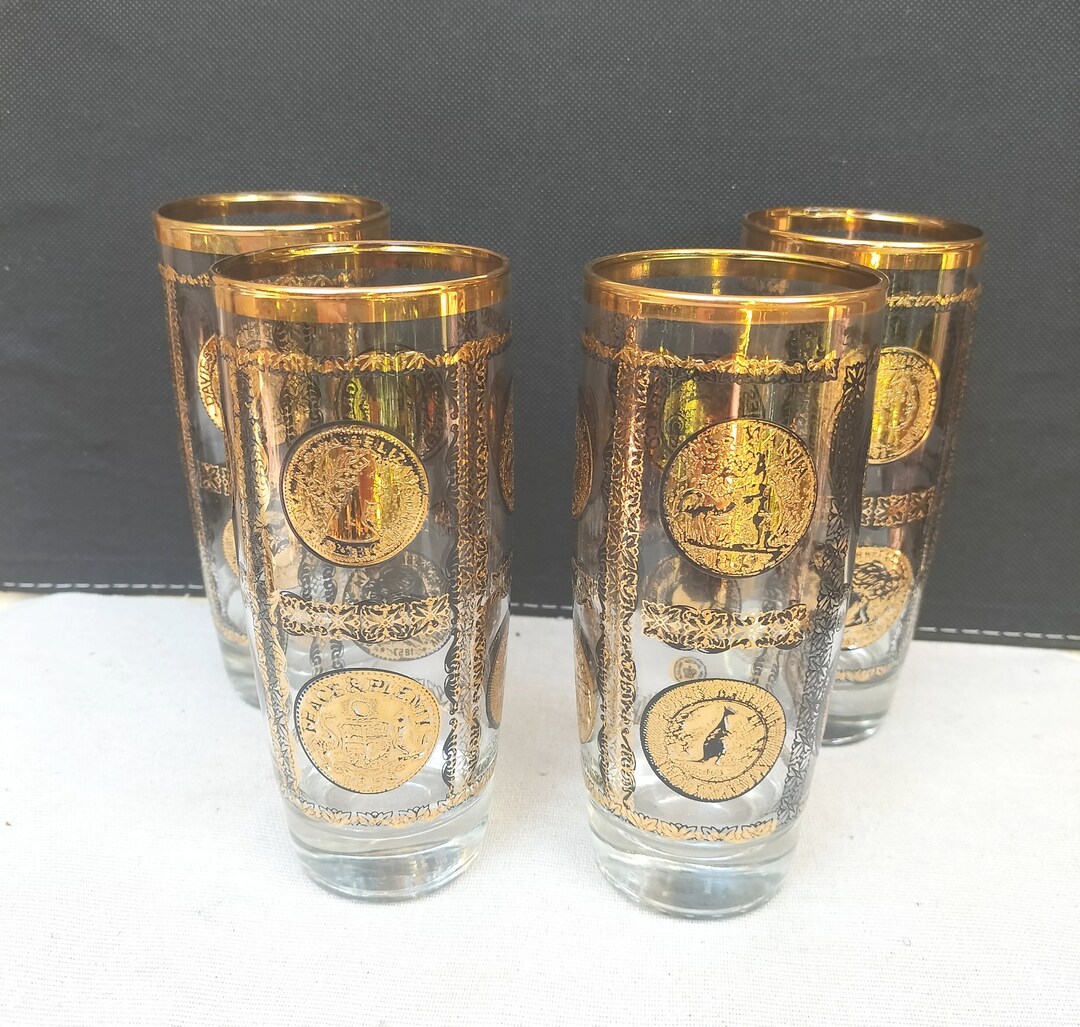 MCM Gilded Gold Coin Design Tumbler Drinking Glass Set of 4 Vito Bari ...