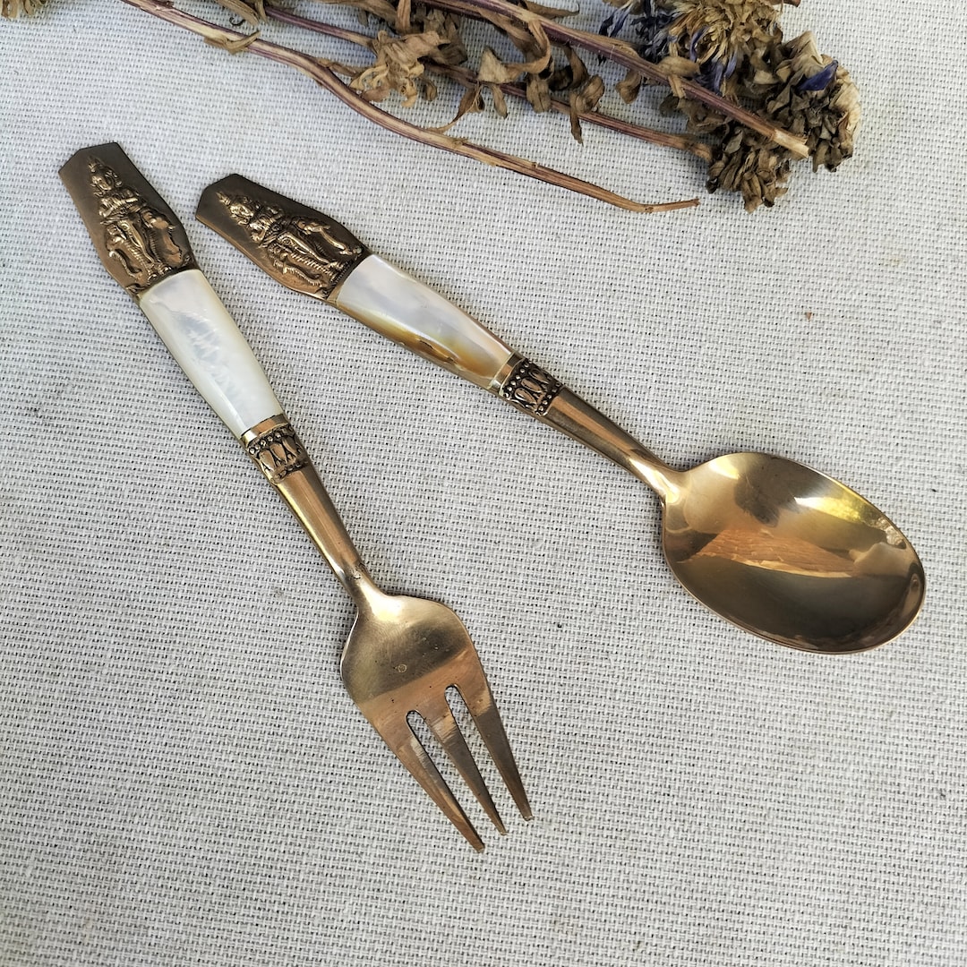 Vintage Siam Brass Mother of Pearl Dessert Spoon and Fork - Etsy
