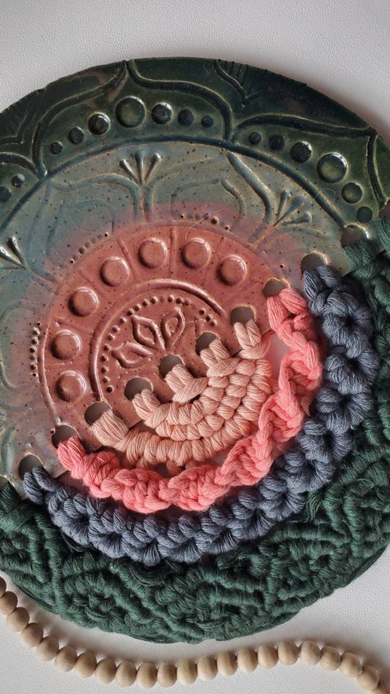 Teal and Pink Mixed Media Ceramic and Macrame Wall Hanger With Wooden ...
