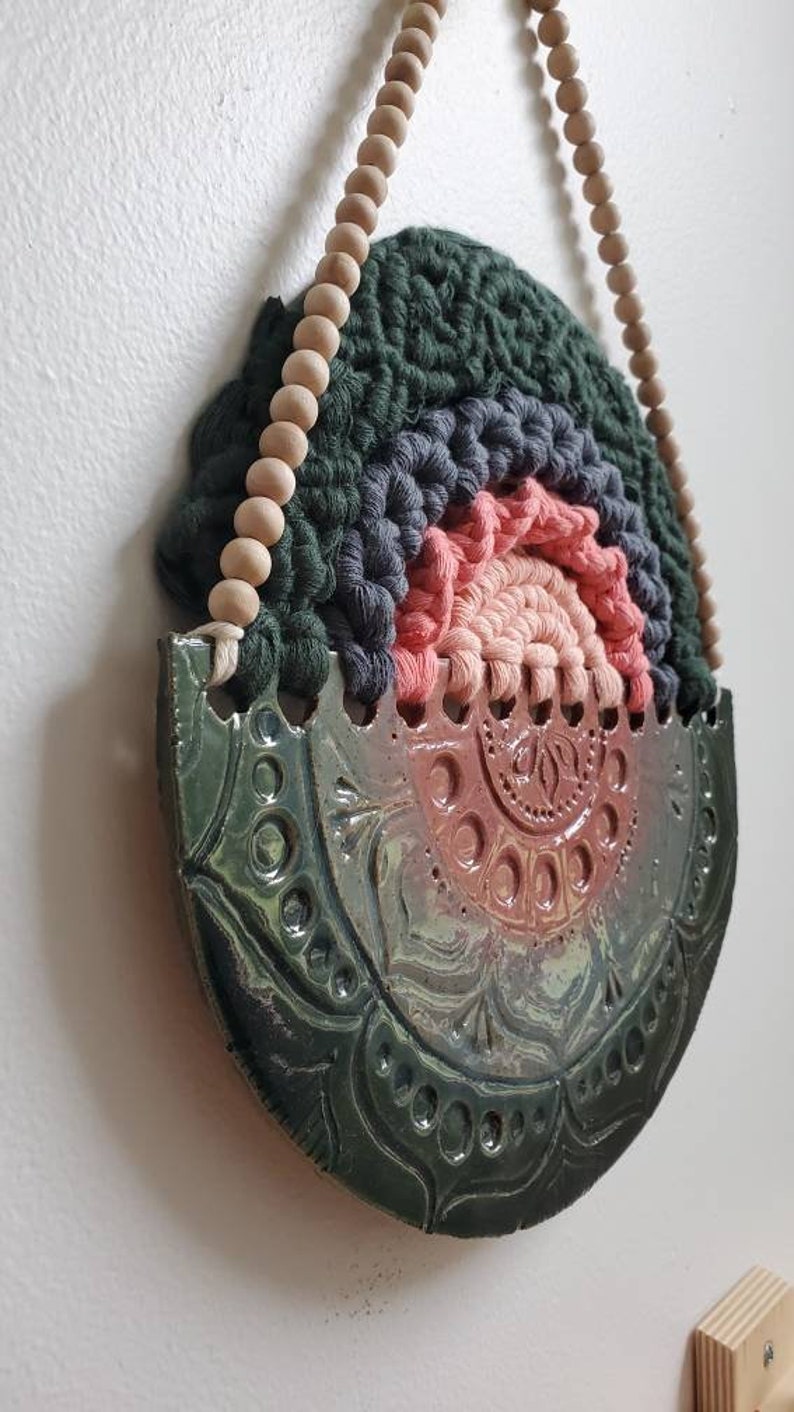 Teal and Pink Mixed Media Ceramic and Macrame Wall Hanger With Wooden ...