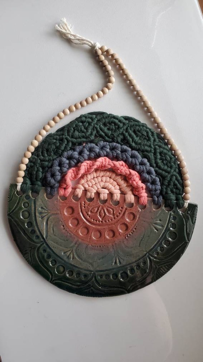 Teal and Pink Mixed Media Ceramic and Macrame Wall Hanger With Wooden ...
