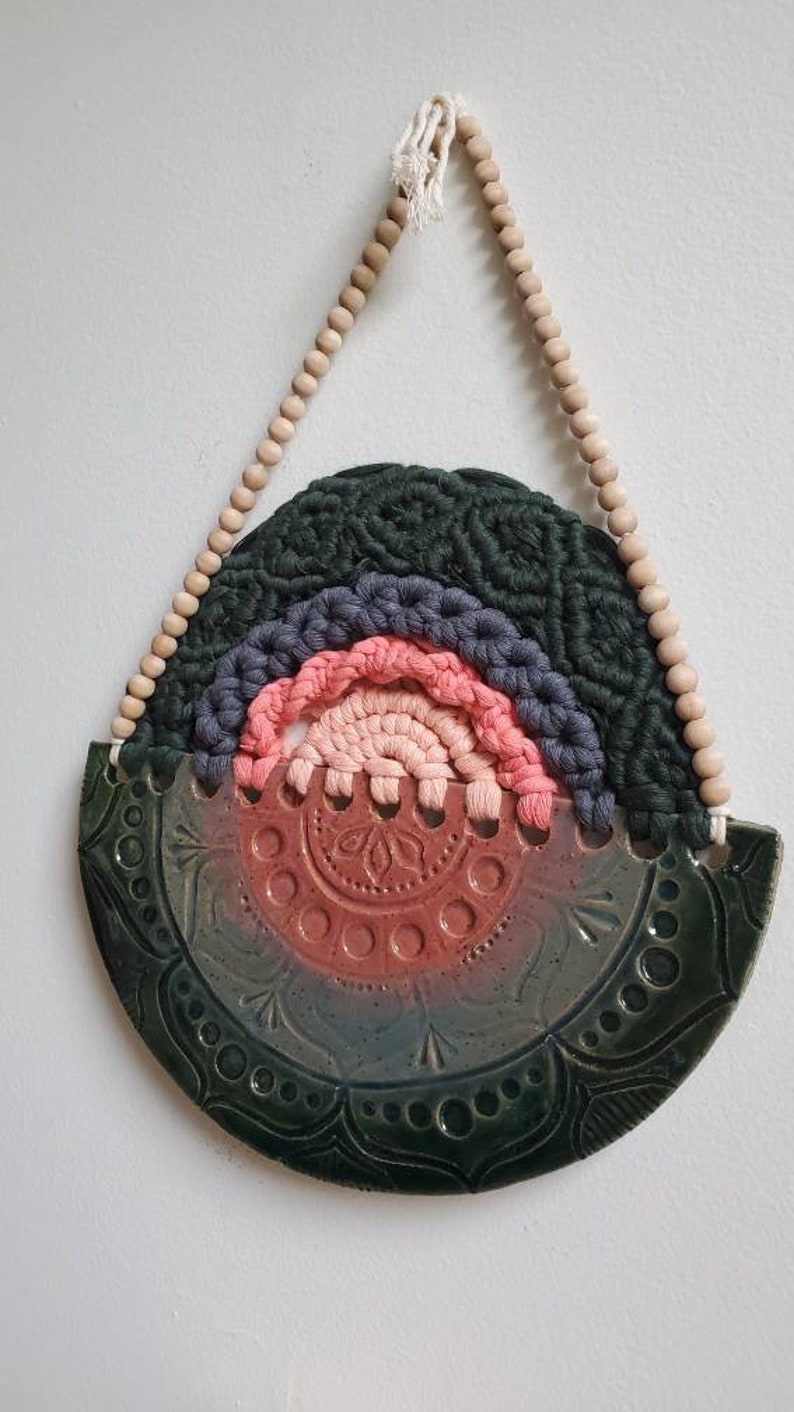 Teal and Pink Mixed Media Ceramic and Macrame Wall Hanger With - Etsy