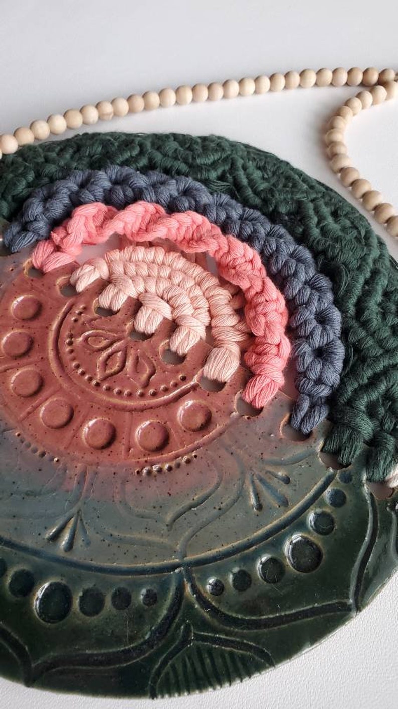 Teal and Pink Mixed Media Ceramic and Macrame Wall Hanger With Wooden ...