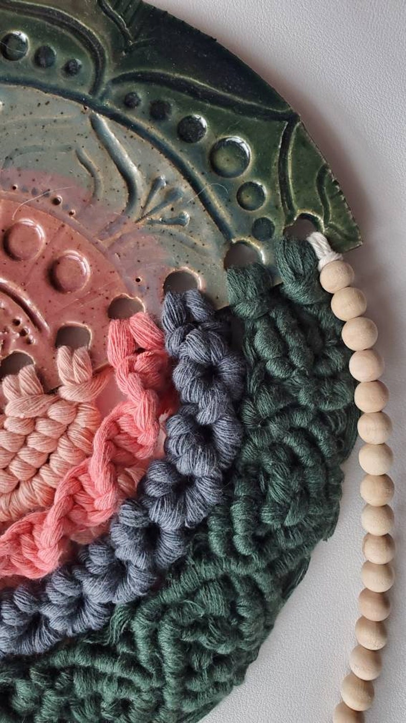 Teal and Pink Mixed Media Ceramic and Macrame Wall Hanger With Wooden ...