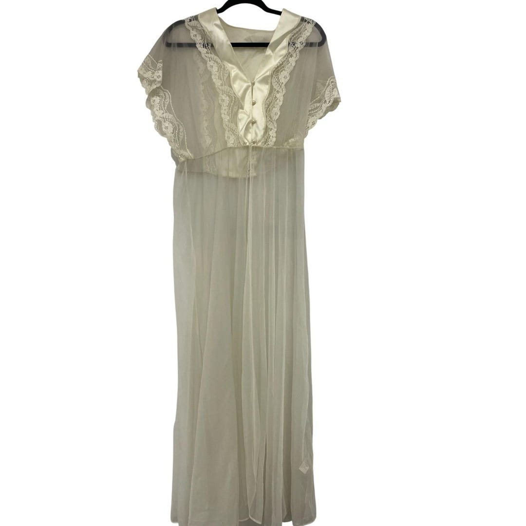 Vintage Val Mode Womens Nightgown Long M Medium Ivory Nylon Lace ...