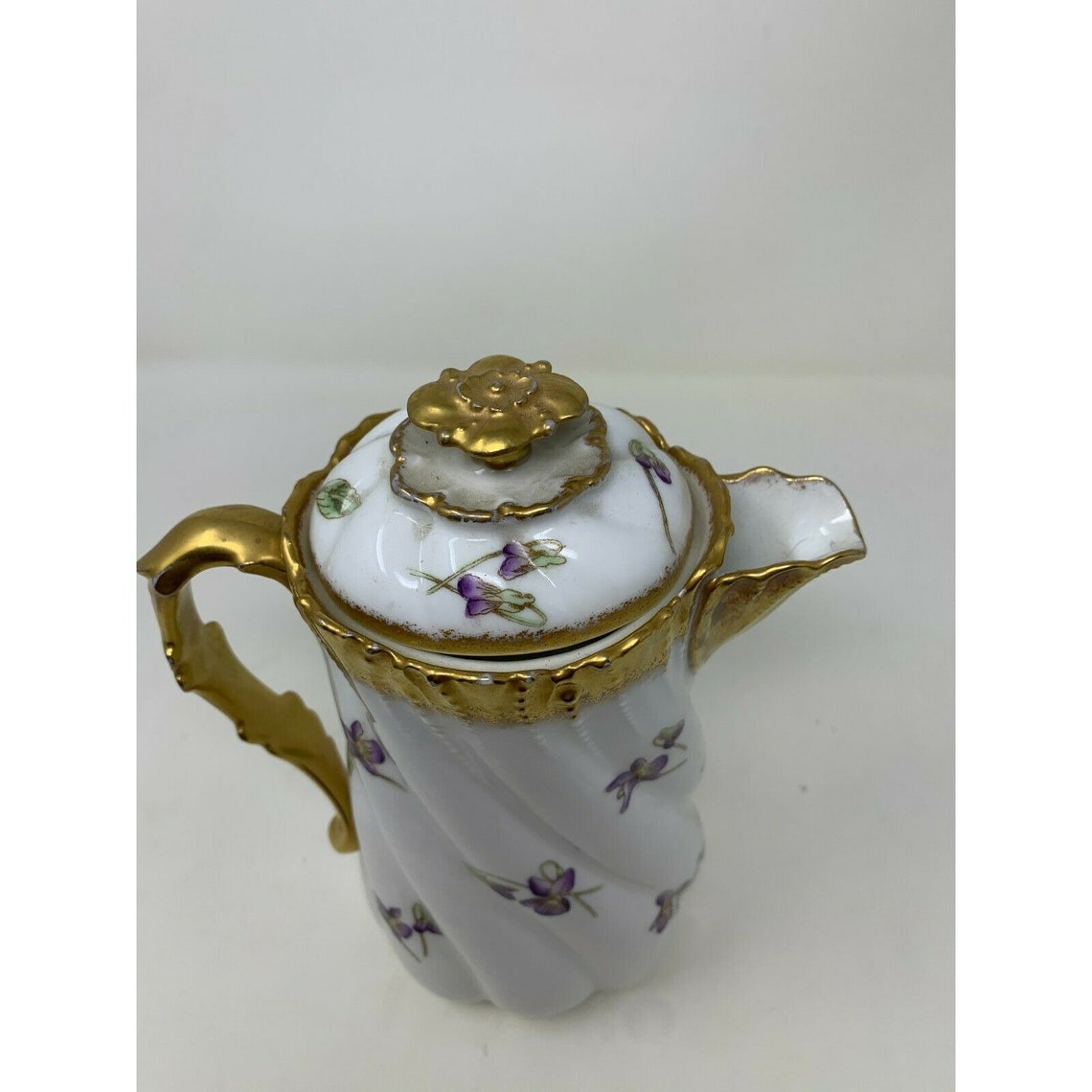 Limoges France Porcelain Pitcher Purple Flowers Floral Gold Trim Handle ...
