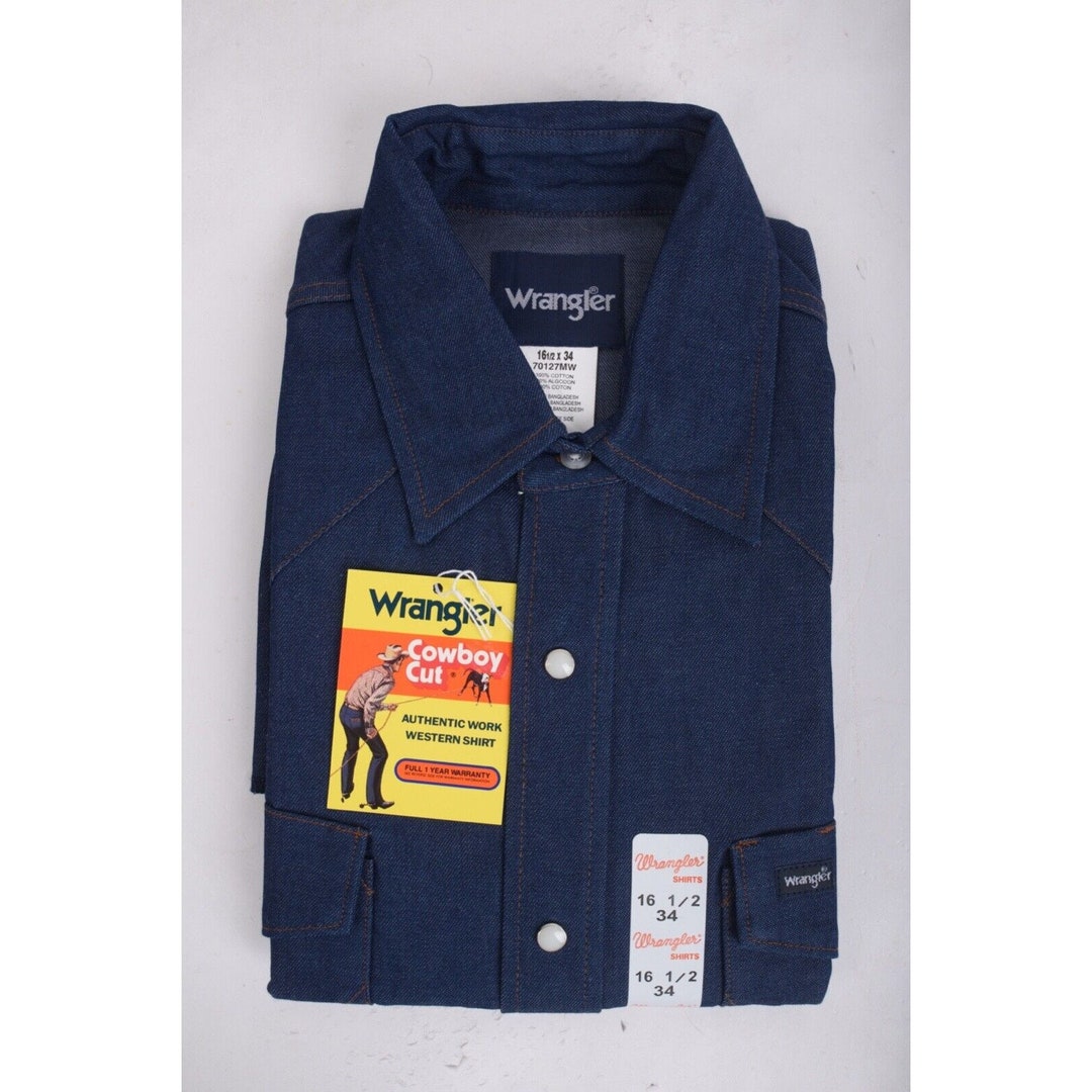 Wrangler Mens Denim Cowboy Cut Western Work Shirt Pearl Snap US 16.5 X ...
