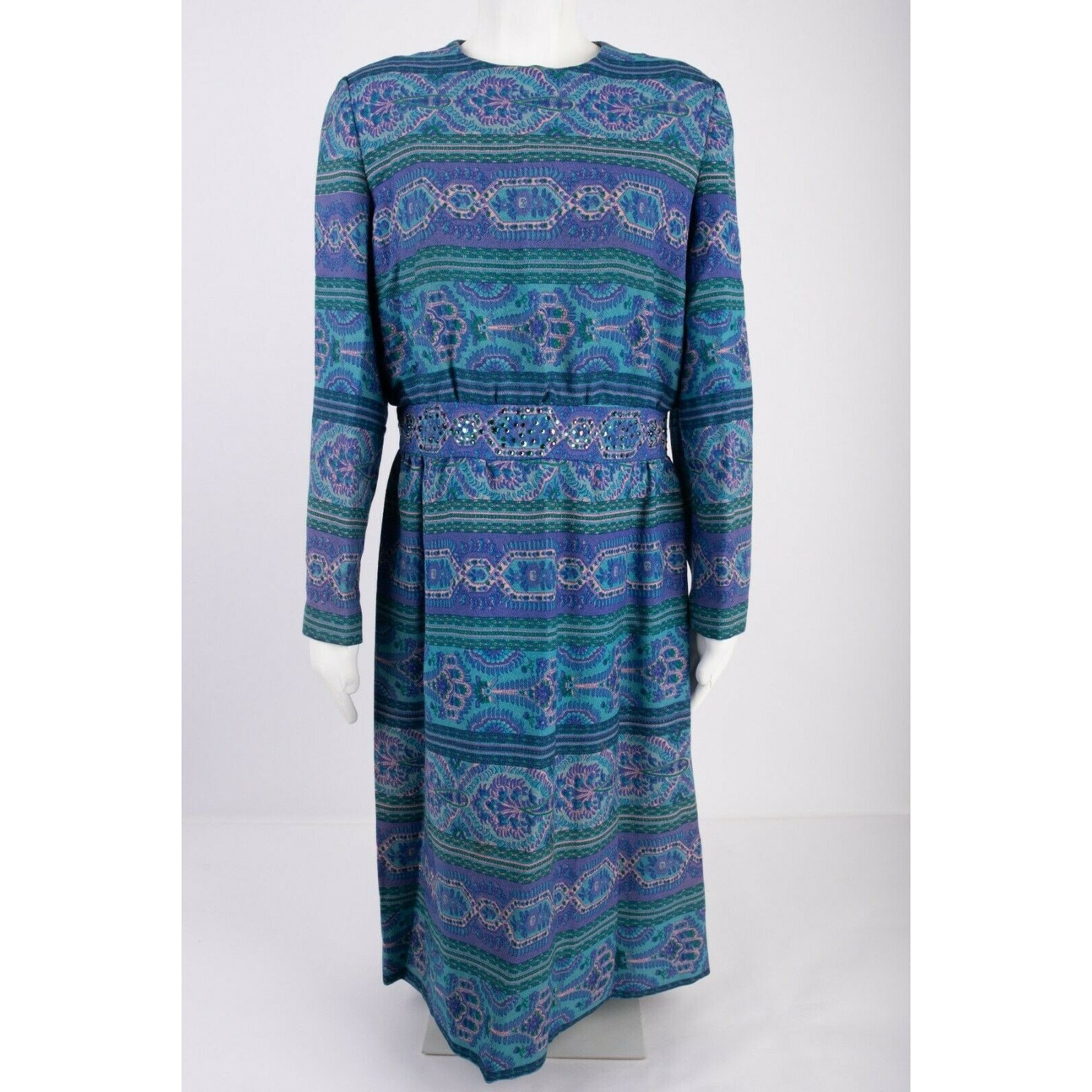 Vintage 80s Womens Church Dress Gathered Waist Printed 3/4 Sleeve ...